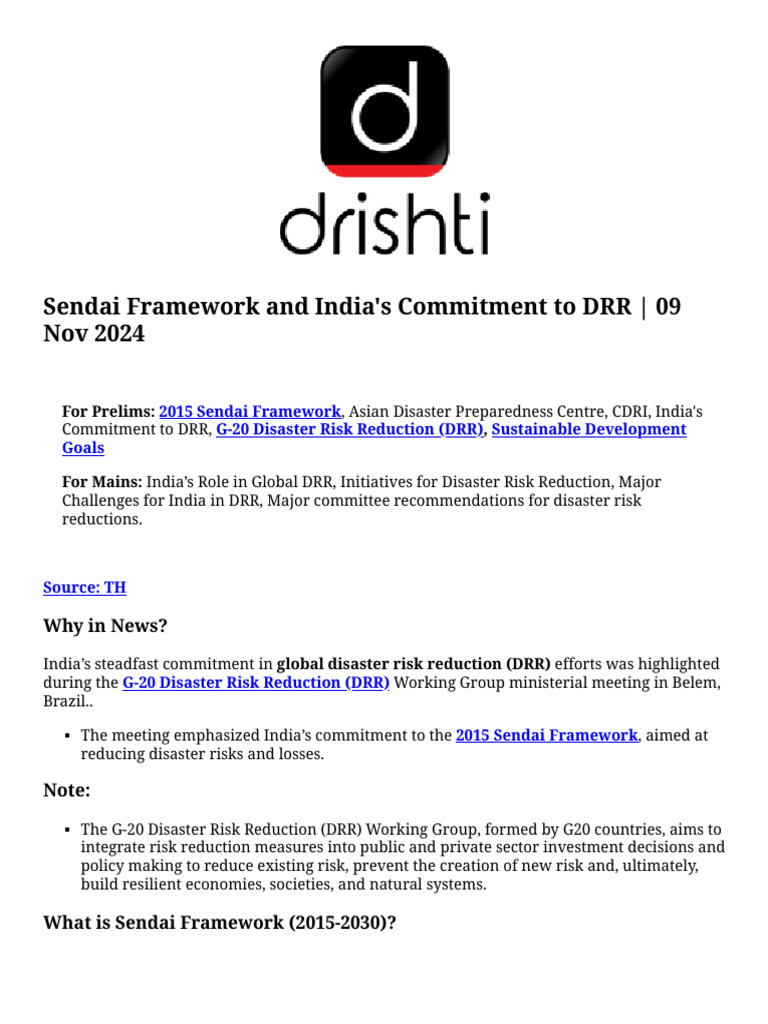 India’s Commitment to Sendai Framework DRR | PDF | Disaster Risk ...