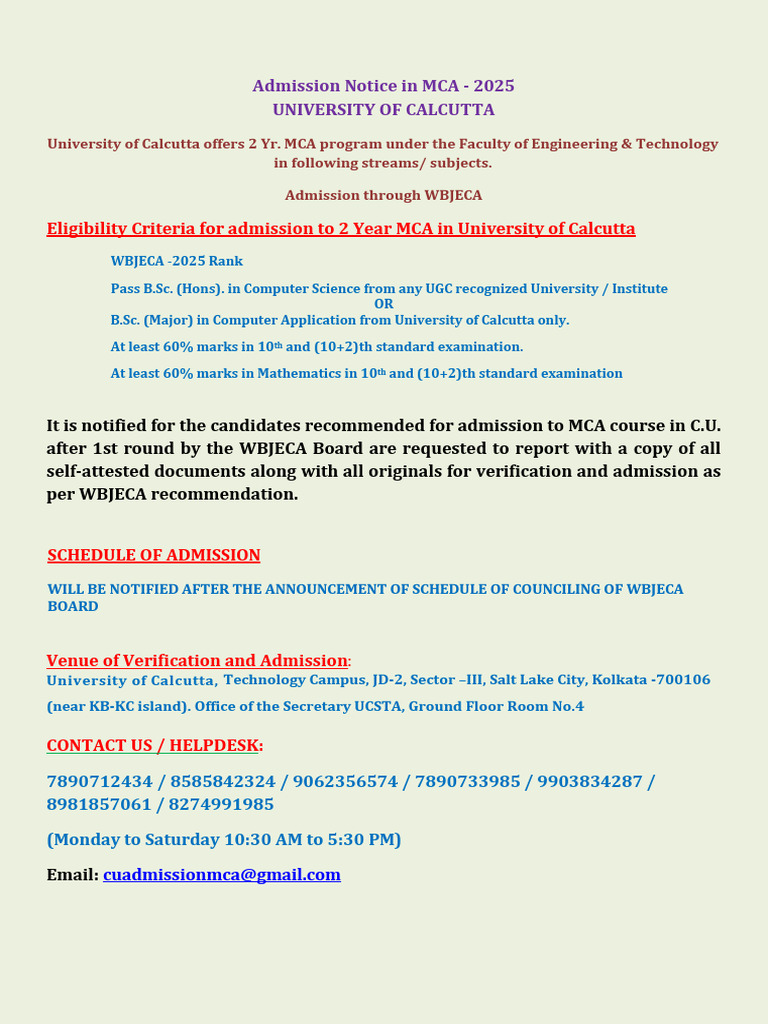 MCA Admission Notice 2025 - Calcutta University | PDF