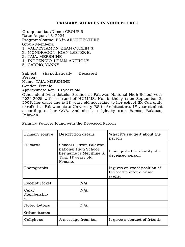 Primary Sources in Homicide Case Study | PDF | Crime Scene | Law ...