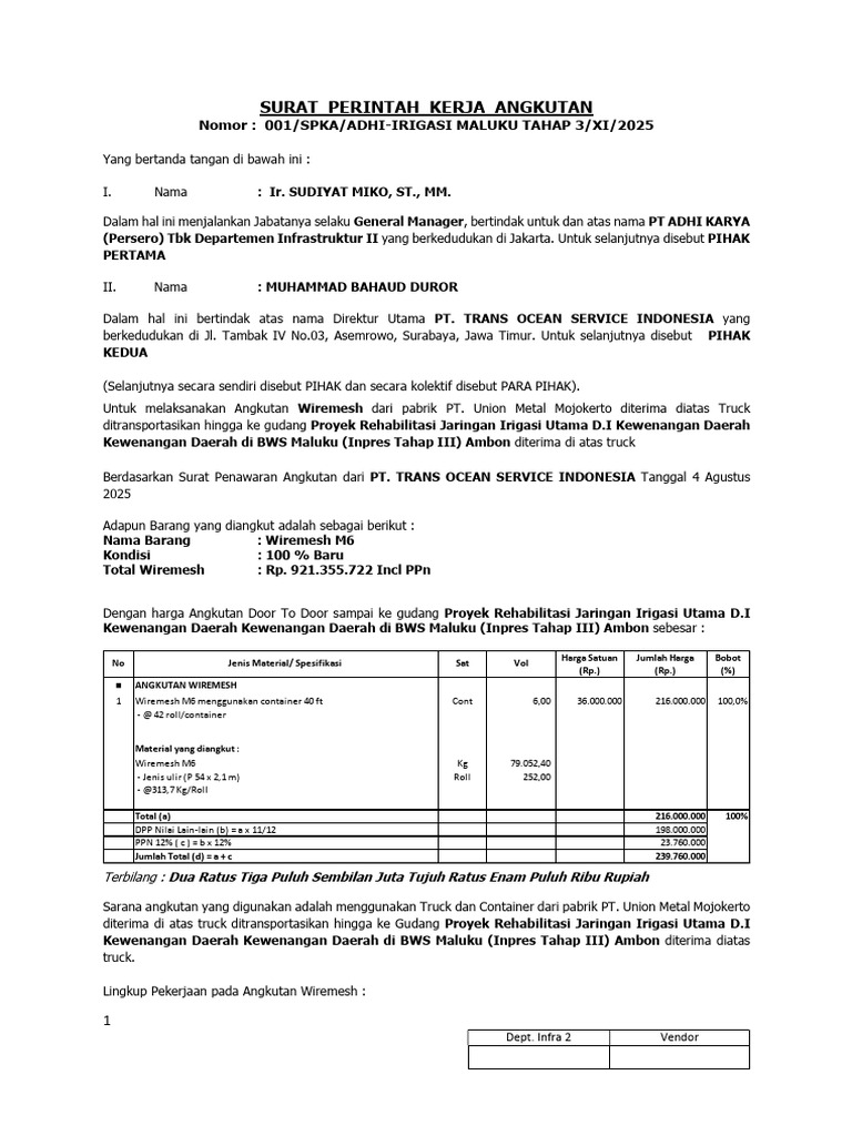 SPK Angkutan Wiremesh Maluku 3 - PT Trans Ocean Service (Nov 25) - 6 ...