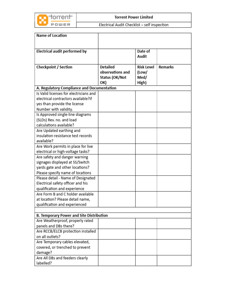 Electrical Audit Checklist for Safety | PDF | Electrical Wiring ...