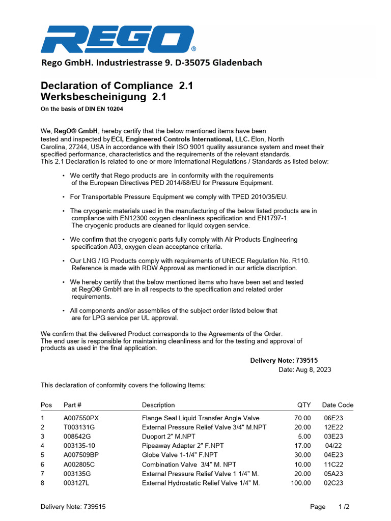 DMC Cert. 2.1 With Dates Codes For 739515 | PDF | Valve | Specification ...