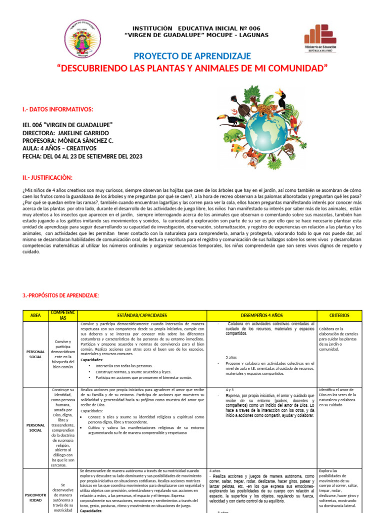 Proyecto Las Plantas y Animales 4 Anos | PDF | Aprendizaje | Información