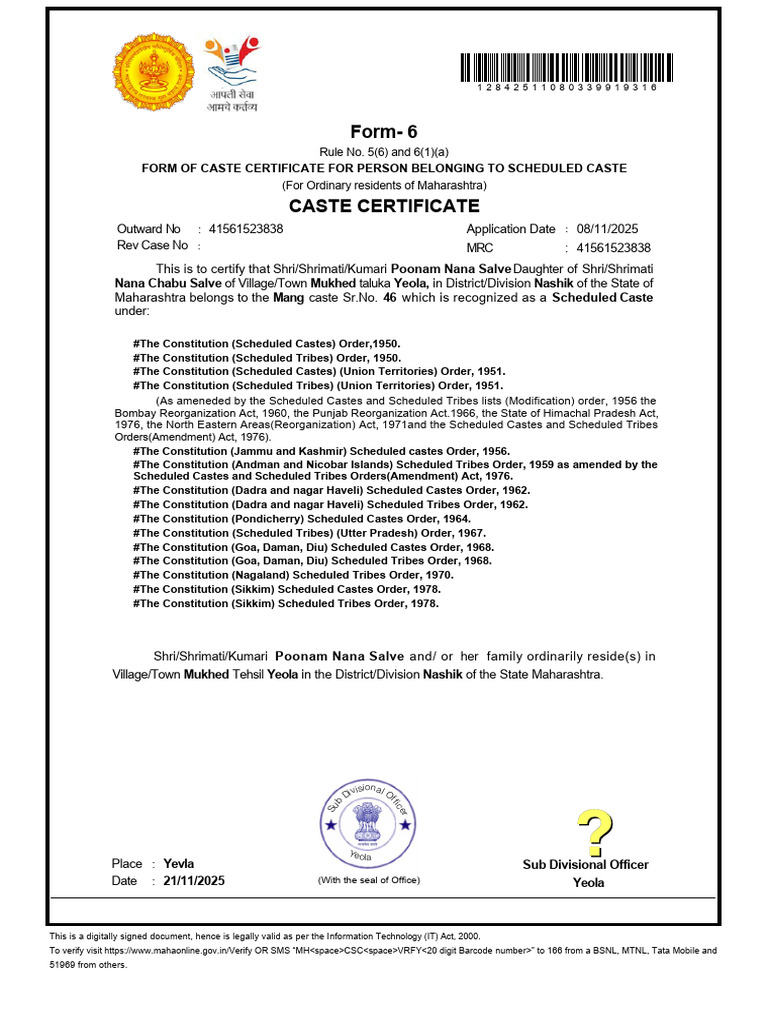 Caste Certificate for Scheduled Caste | PDF | Social Groups Of India ...