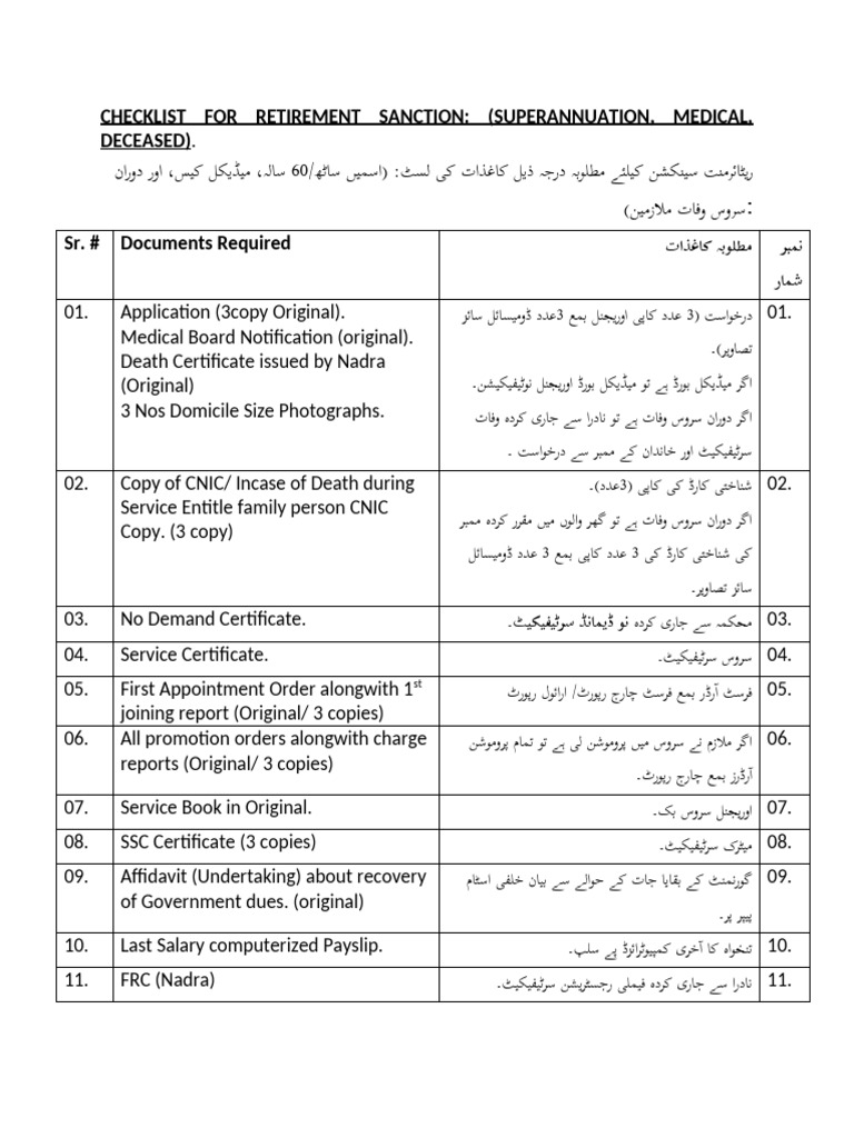 Checklist For Retirement Sanction | PDF