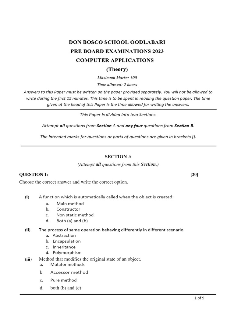 Computer Applications Pre-Board Exam 2023 | PDF | Method (Computer ...