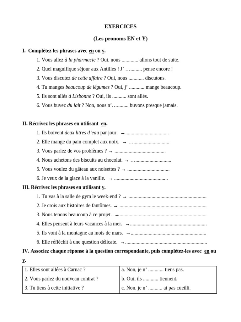 Exercices sur les pronoms EN et Y | PDF | Nourritures