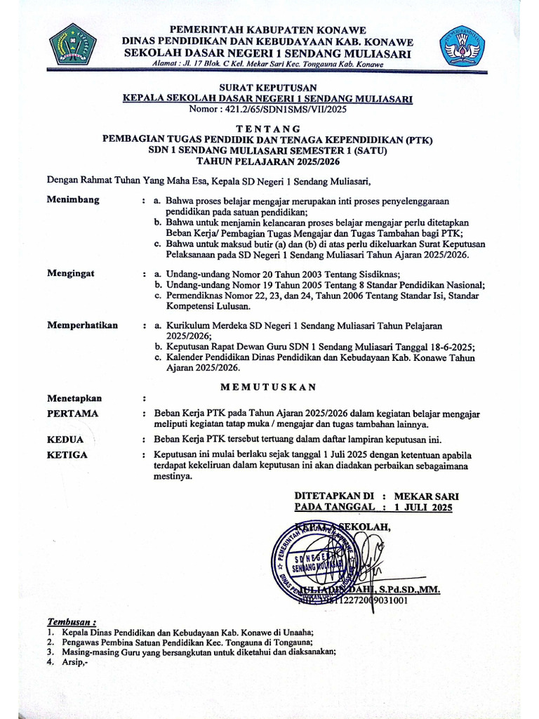 SK Pembagian Tugas SMTR 1 T.P 20252026 | PDF