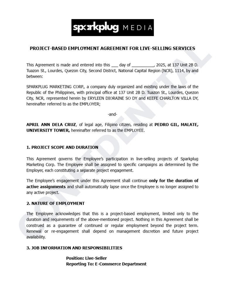 Project-Based Live-Selling Agreement | PDF | Employment | Overtime