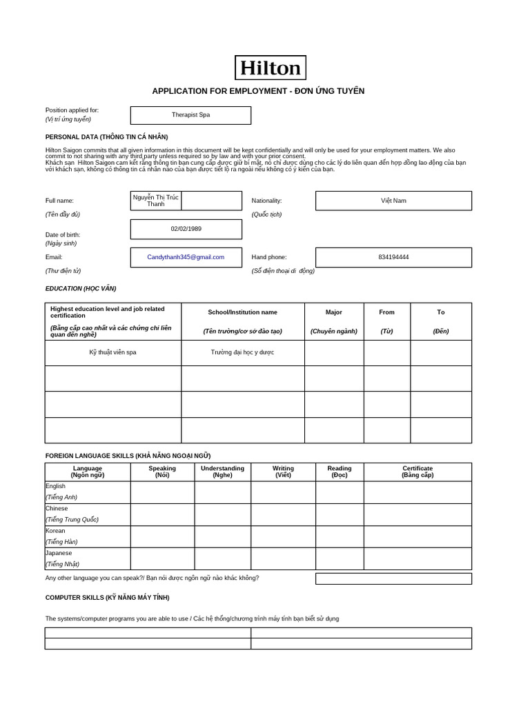 Application Form Hilton Saigon | PDF