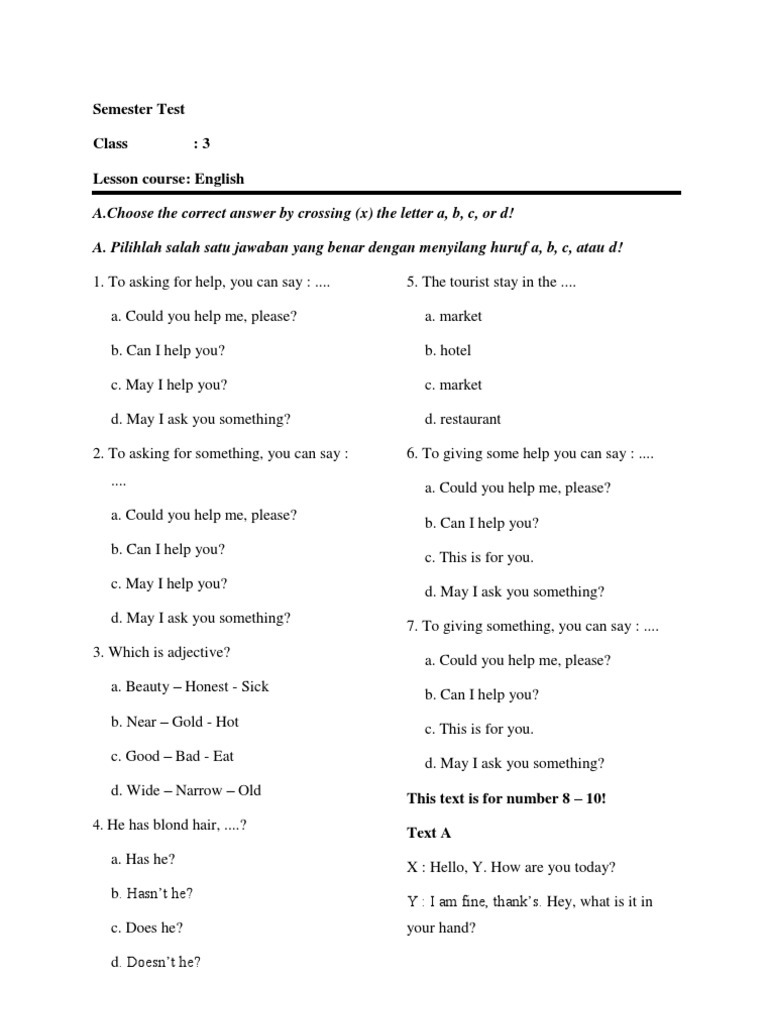 Semester Test Class: 3 Lesson Course: English | PDF | Further Education ...