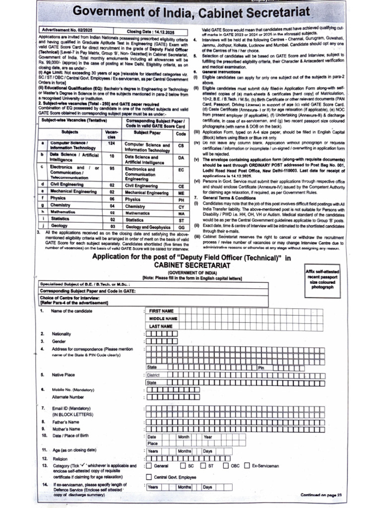 Cabinet Secretariat Dfo Recruitment Through Gate | PDF