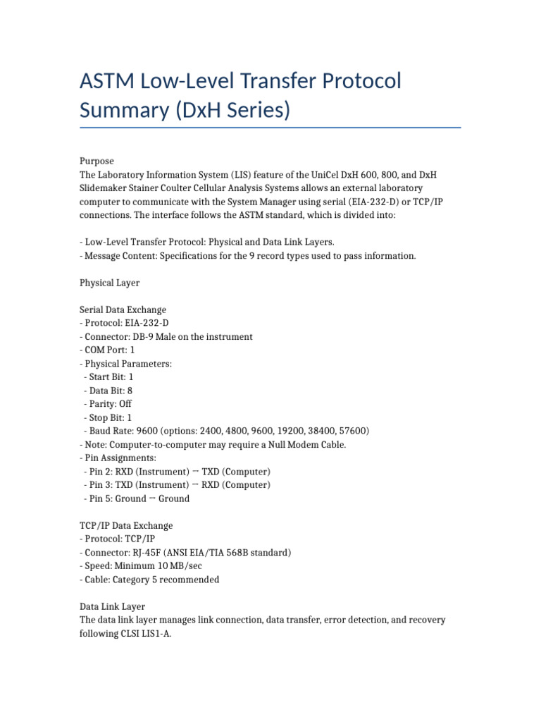 ASTM DXH Protocol Summary | PDF | Internet Protocols | Computer Standards