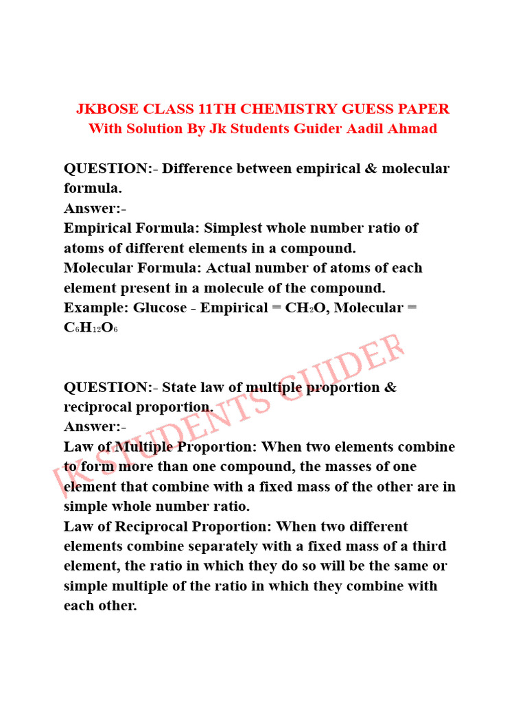 JKBOSE Class 11 Chemistry Guess Paper | PDF | Redox | Atomic Orbital