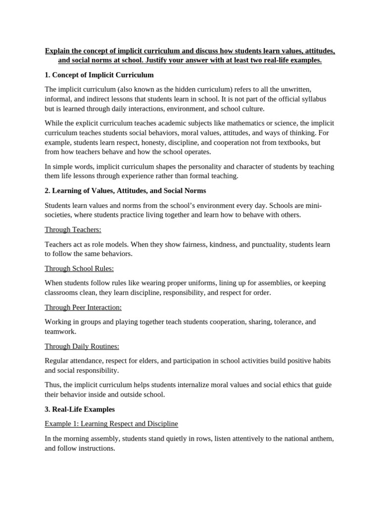 Concept of Implicit Curriculum | PDF | Curriculum | Teachers