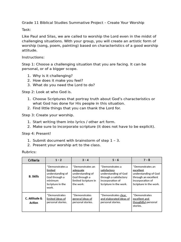 Create Your Worship Instructions Rubrics | PDF