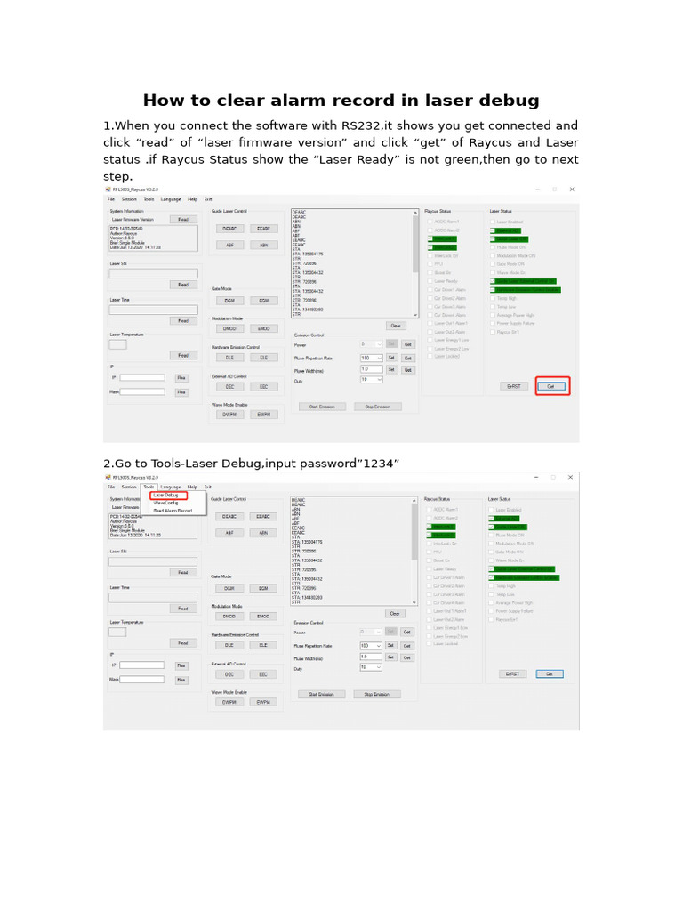 Raycus 锐科功率报警清楚how to Clear Alarm Record in Laser Debug | PDF