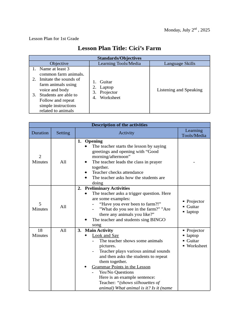 Lesson Plan Cici's Farm Gaul | PDF | Learning | Linguistics