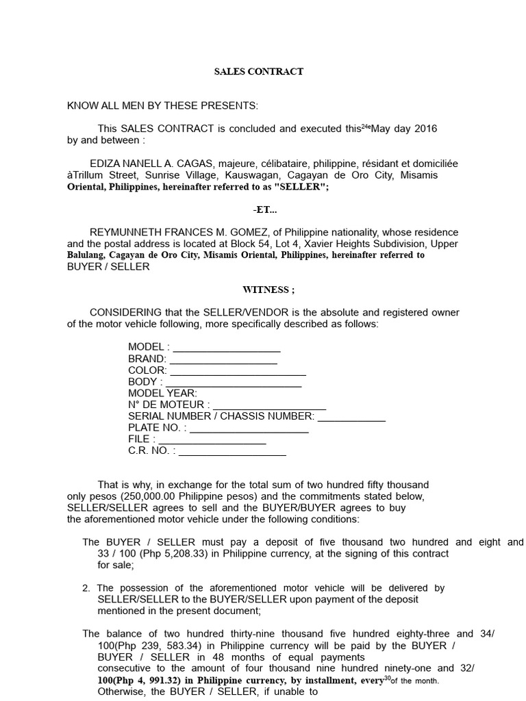 Motor Vehicle Sales Contract | PDF | Private Law