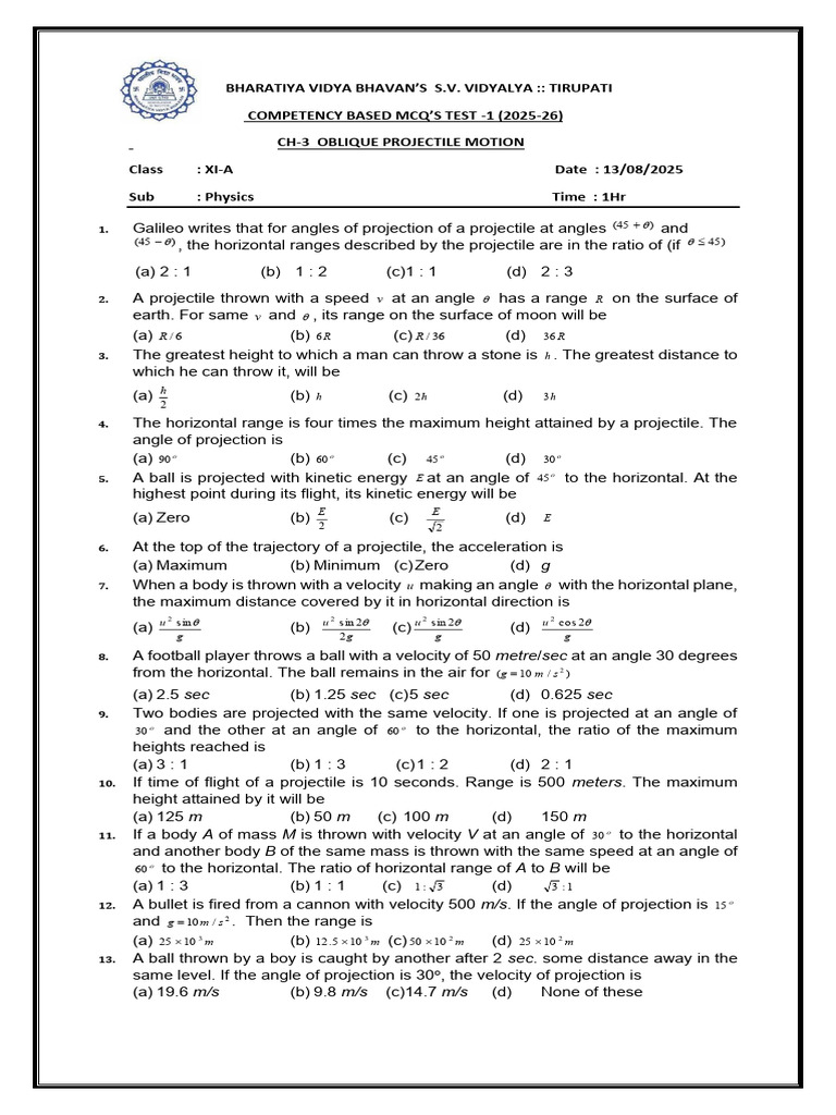 BVB XI MCQ's T-6 CH3 Projectile Motion | PDF | Projectiles | Mechanics