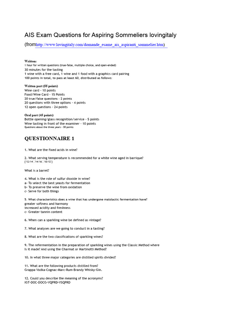 AIS Sommelier Exam Questions Guide | PDF | Wine | Fermentation In ...