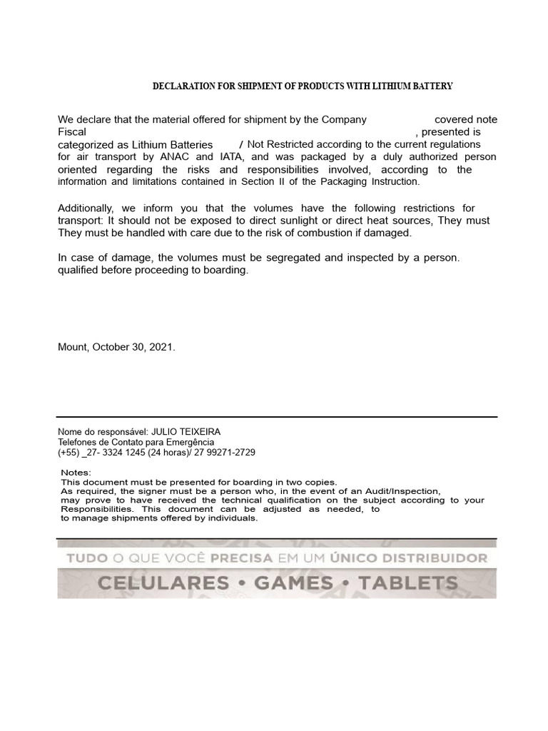 Lithium Battery Shipment Declaration | PDF