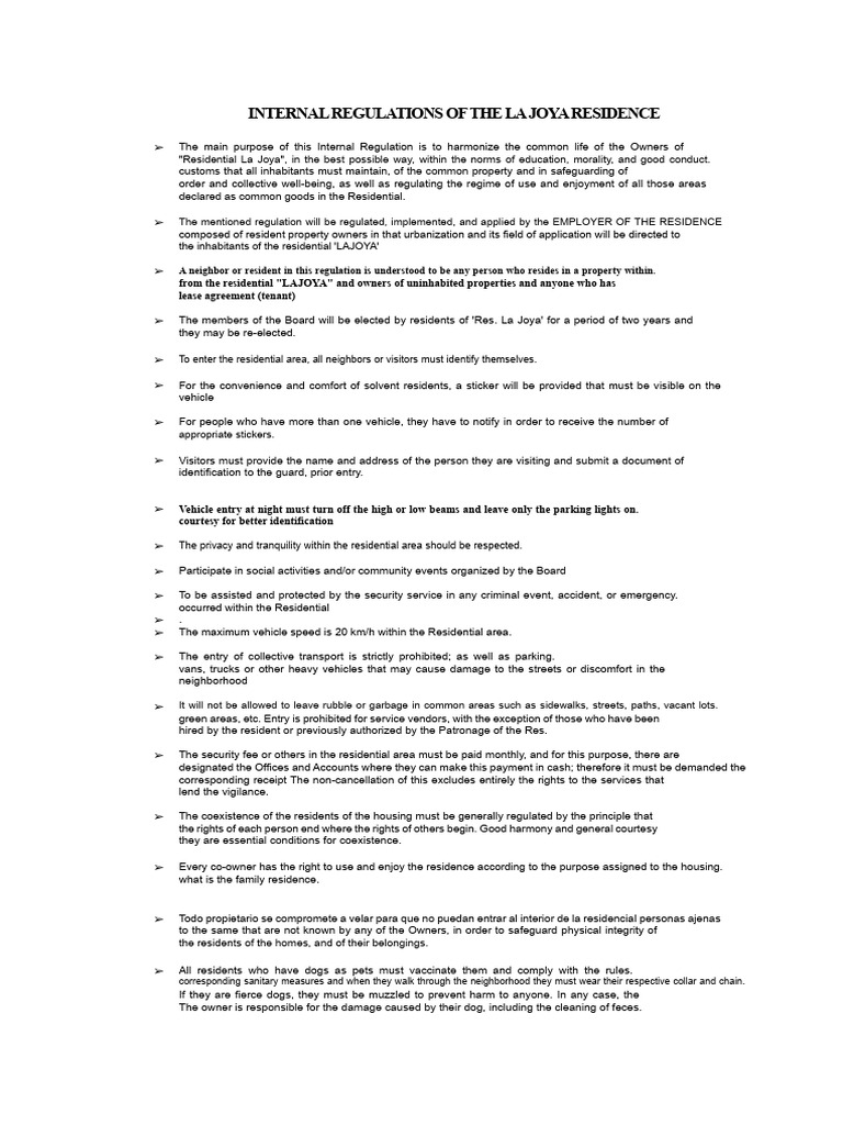 INTERNAL REGULATIONS OF RESIDENTIAL LA JOYA | PDF