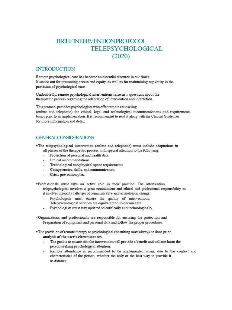 Telepsychology Intervention Protocol Guide | PDF | Psychology ...