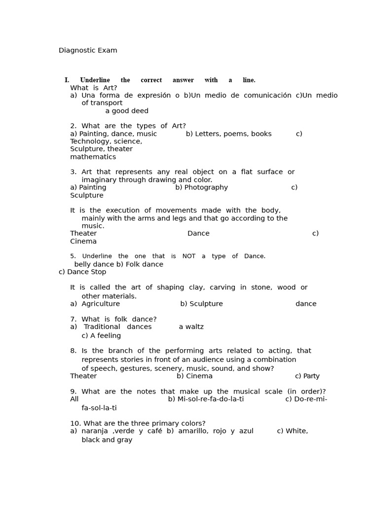 Diagnostic Art Exam for Secondary School | PDF