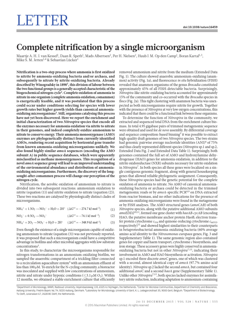 Complete Nitrification by A Single Microorganism | PDF | Nitrate | Biology
