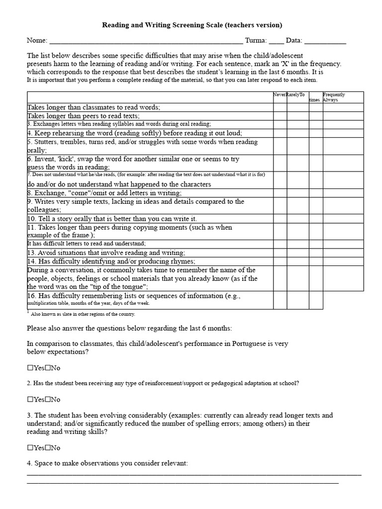 Reading and Writing Screening Scale for Teachers | PDF | Literacy | Writing