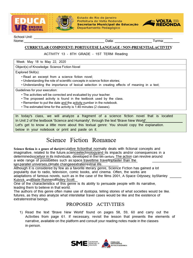 Activity 13 of Reading 8th Grade | PDF | Science | Science Fiction