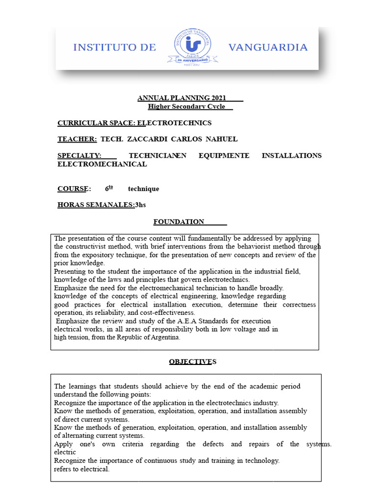 Electrotechnics Planning 6th-2021 | PDF | Electrical Impedance ...