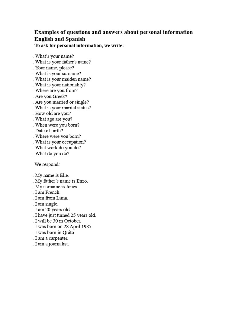 Examples of Questions and Answers about Personal Information in English ...