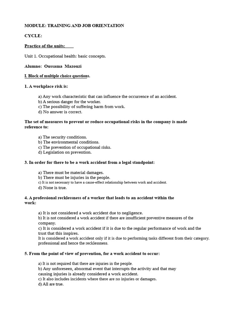 Practice 1 of Occupational Risk Prevention. Unit 1 of Training. | PDF ...