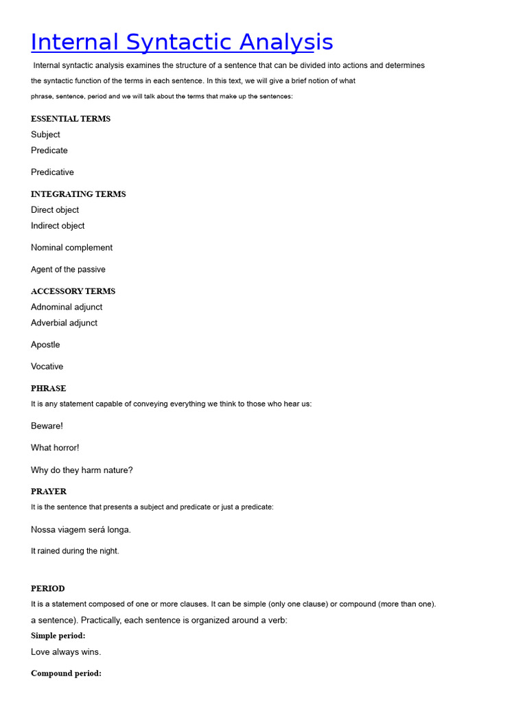 Internal Syntactic Analysis Explained | PDF | Verb | Subject (Grammar)