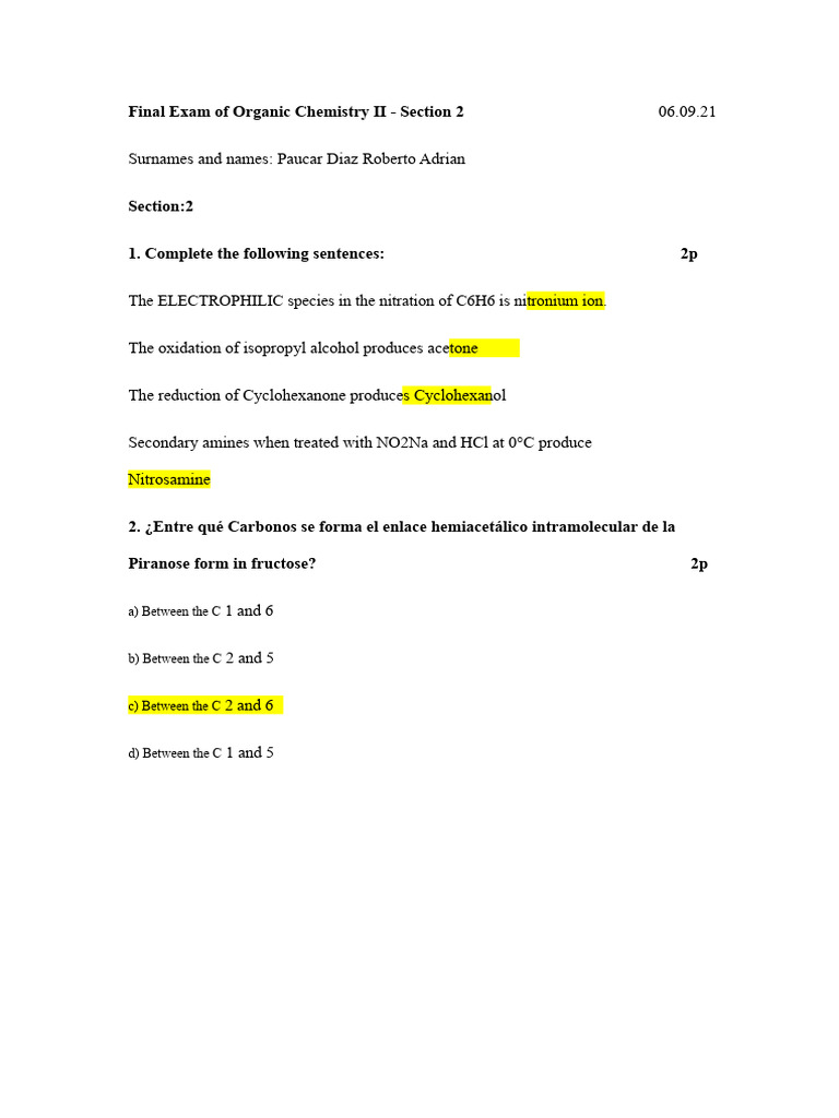 Organic Chemistry II Final Exam Answers | PDF