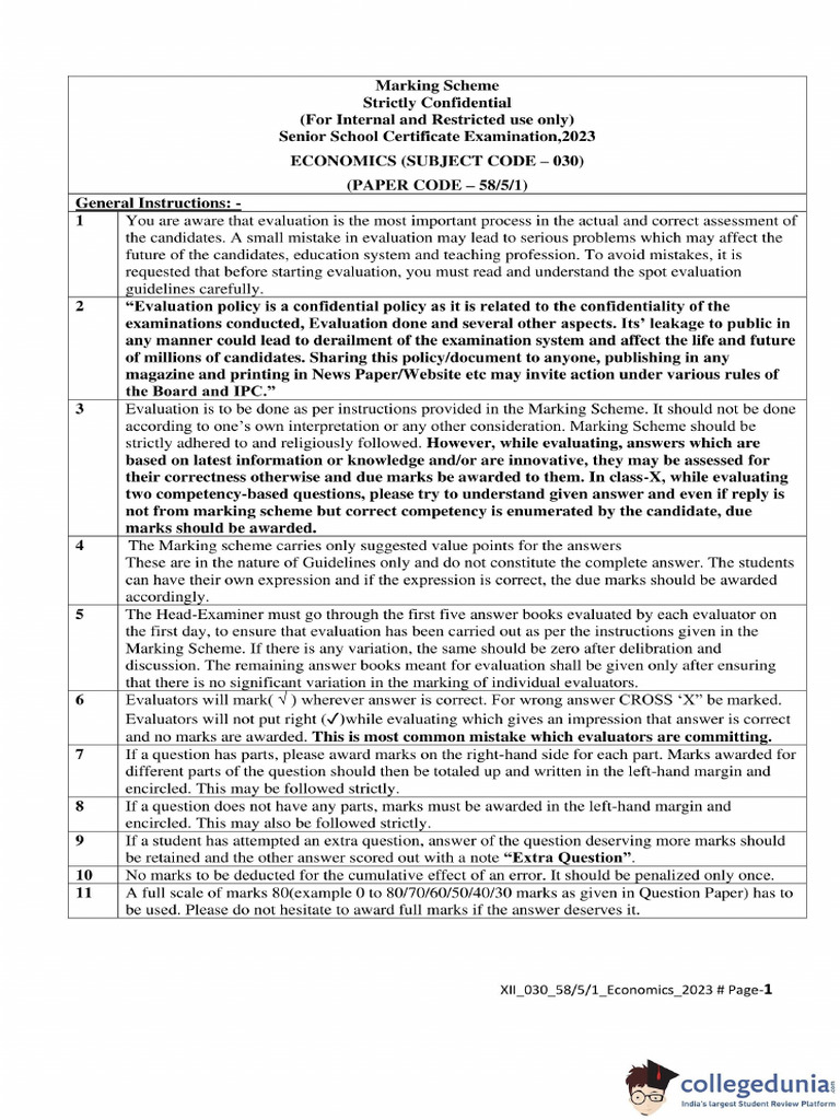 CBSE Class 12 Economics Answer Key 2023 Set 1 58 5 1 | PDF