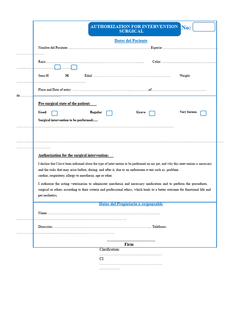 Surgery Authorization - Veterinary | PDF | Health Sciences | Surgery