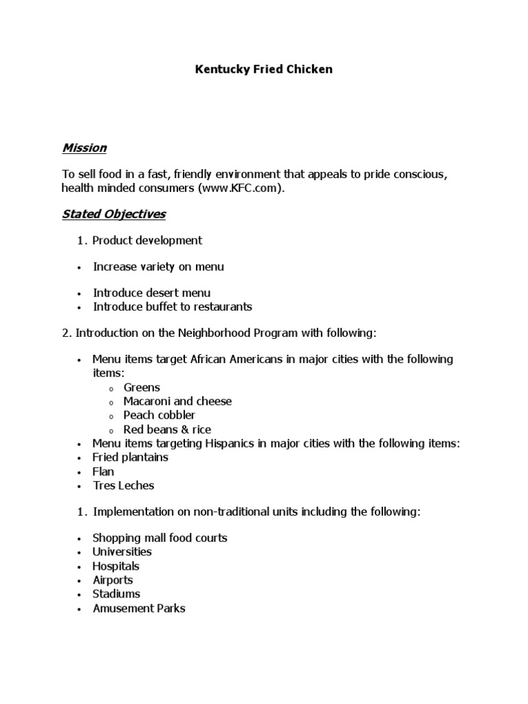 KFC Mission and Objectives | PDF | Fast Food Restaurants | Franchising