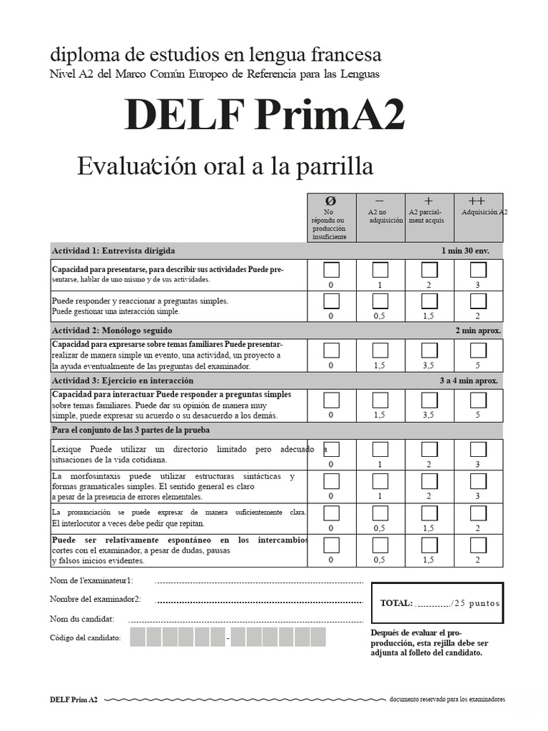 Cuadro de Evaluación Producción Oral Delf Prim A2 | PDF | Comunicación humana