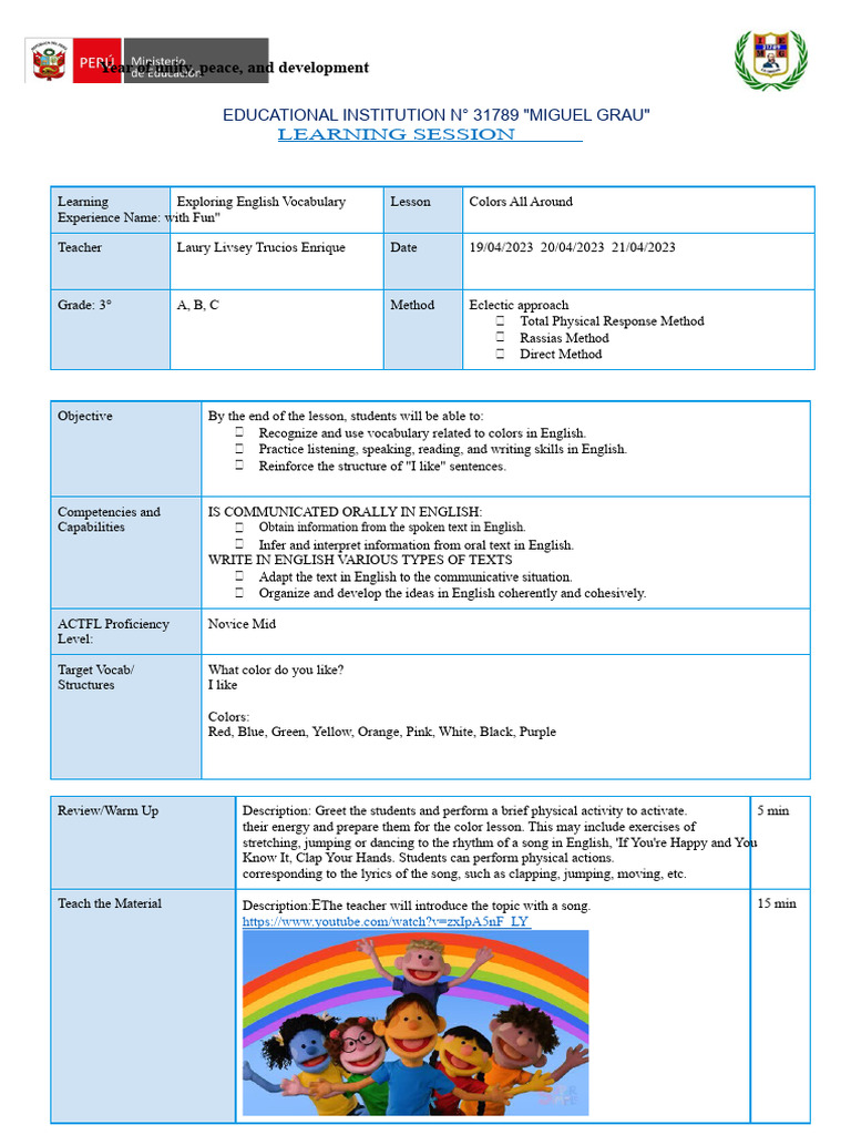 colors lesson plan | PDF | English Language | Color