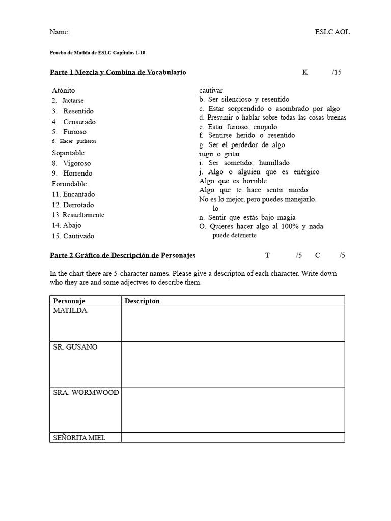 ESLC Matilda Capítulos 1-10 Prueba.docx | PDF