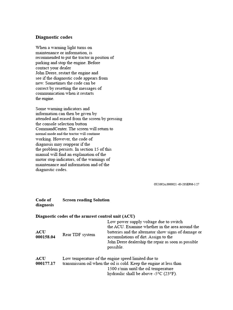 392541900 Diagnostic Codes John Deere Docx | PDF | Truck | Brake