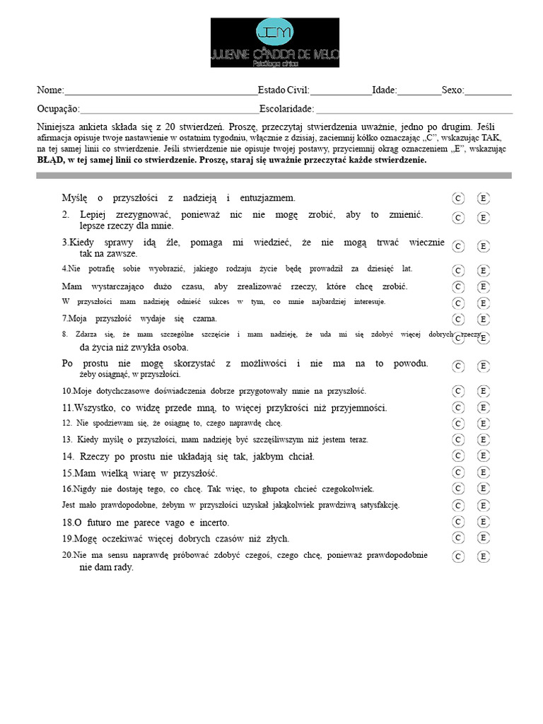 Zaktualizowane Skale Becka BDI BAI BHS | PDF