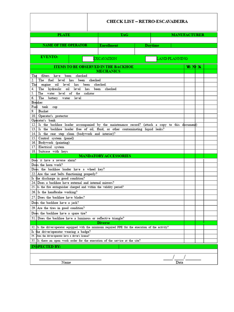 Backhoe Checklist.doc | PDF | Loader (Equipment)