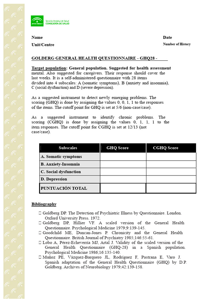 GHQ-28: General Health Questionnaire Guide | PDF | Major Depressive ...