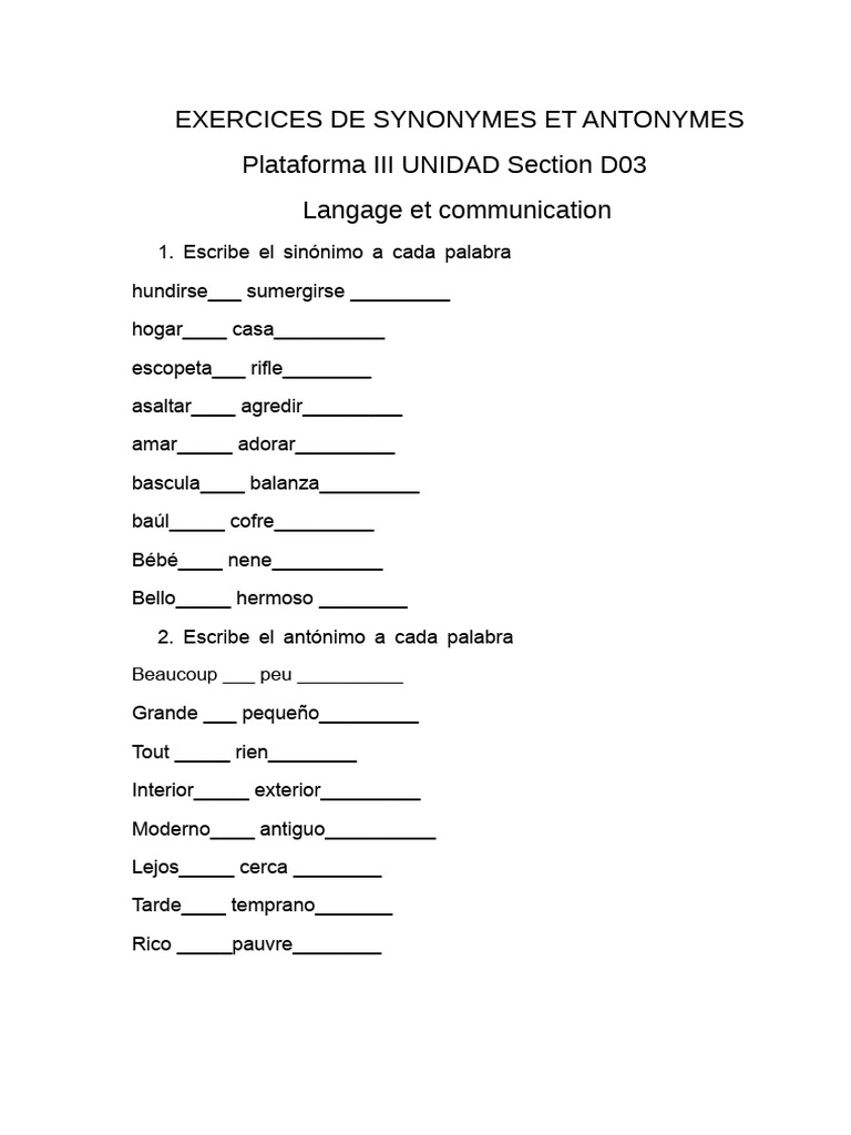 Exercices de synonymes et antonymes | PDF
