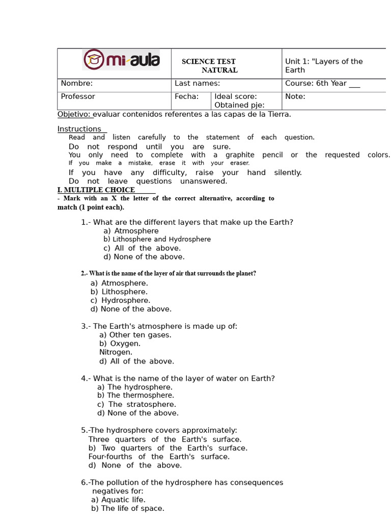 Earth Layers Test 6th Grade | PDF | Earth Sciences | Earth