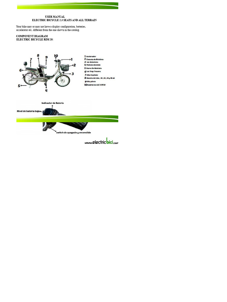 Electric Bicycle User Manual Guide | PDF | Brake | Axle